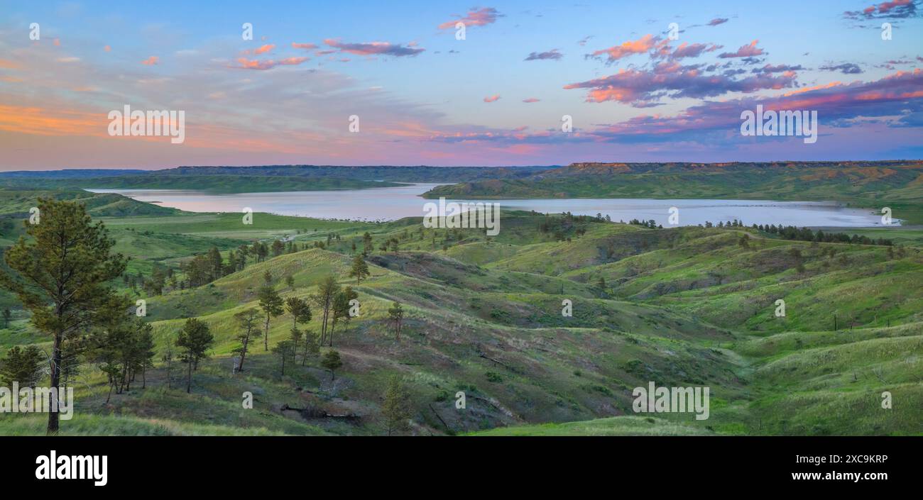 panorama of sunset light over fort peck lake at UL bend in the charles ...