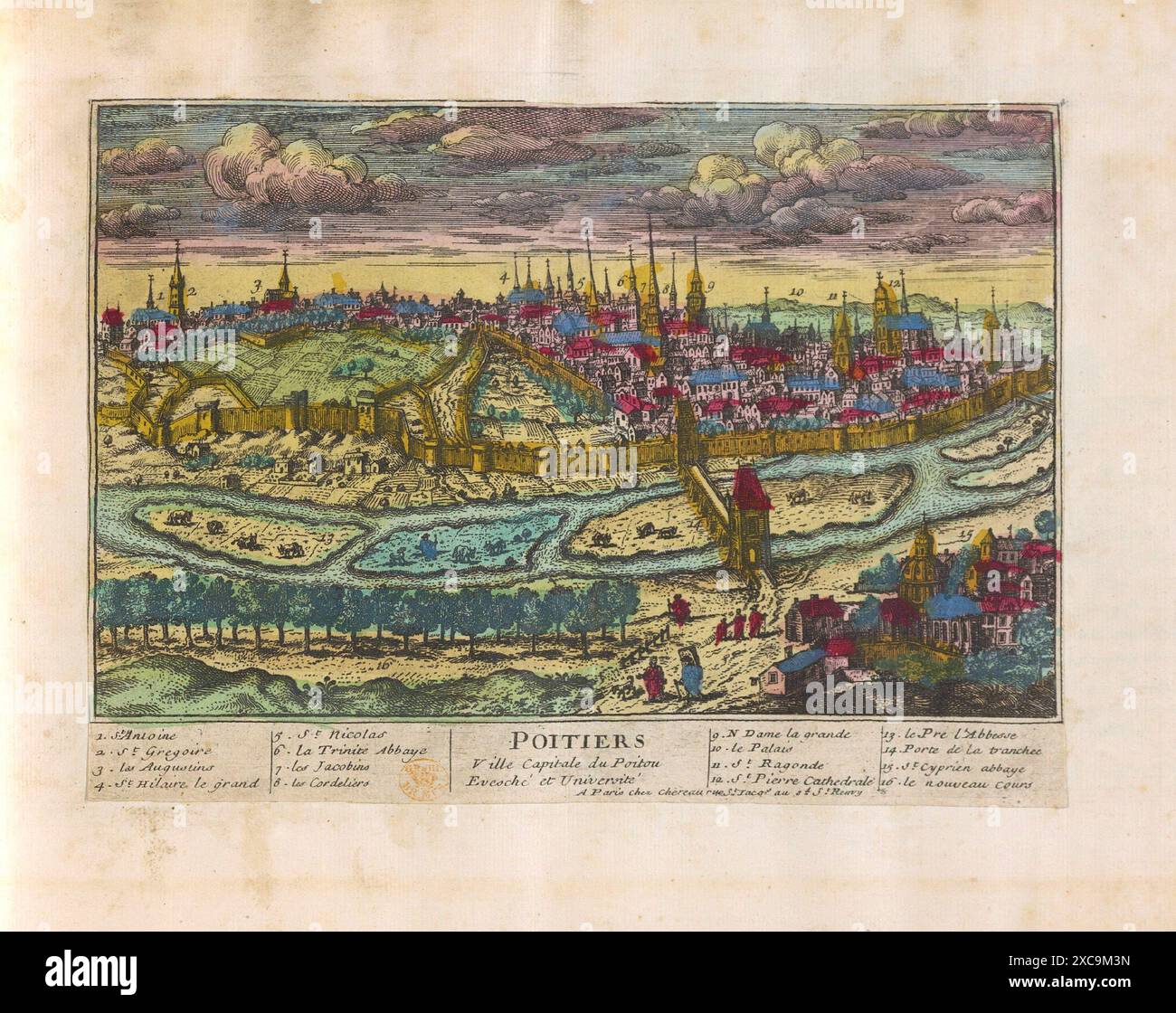 Vintage pictorial map of Poitiers, France with labeled landmarks and ...