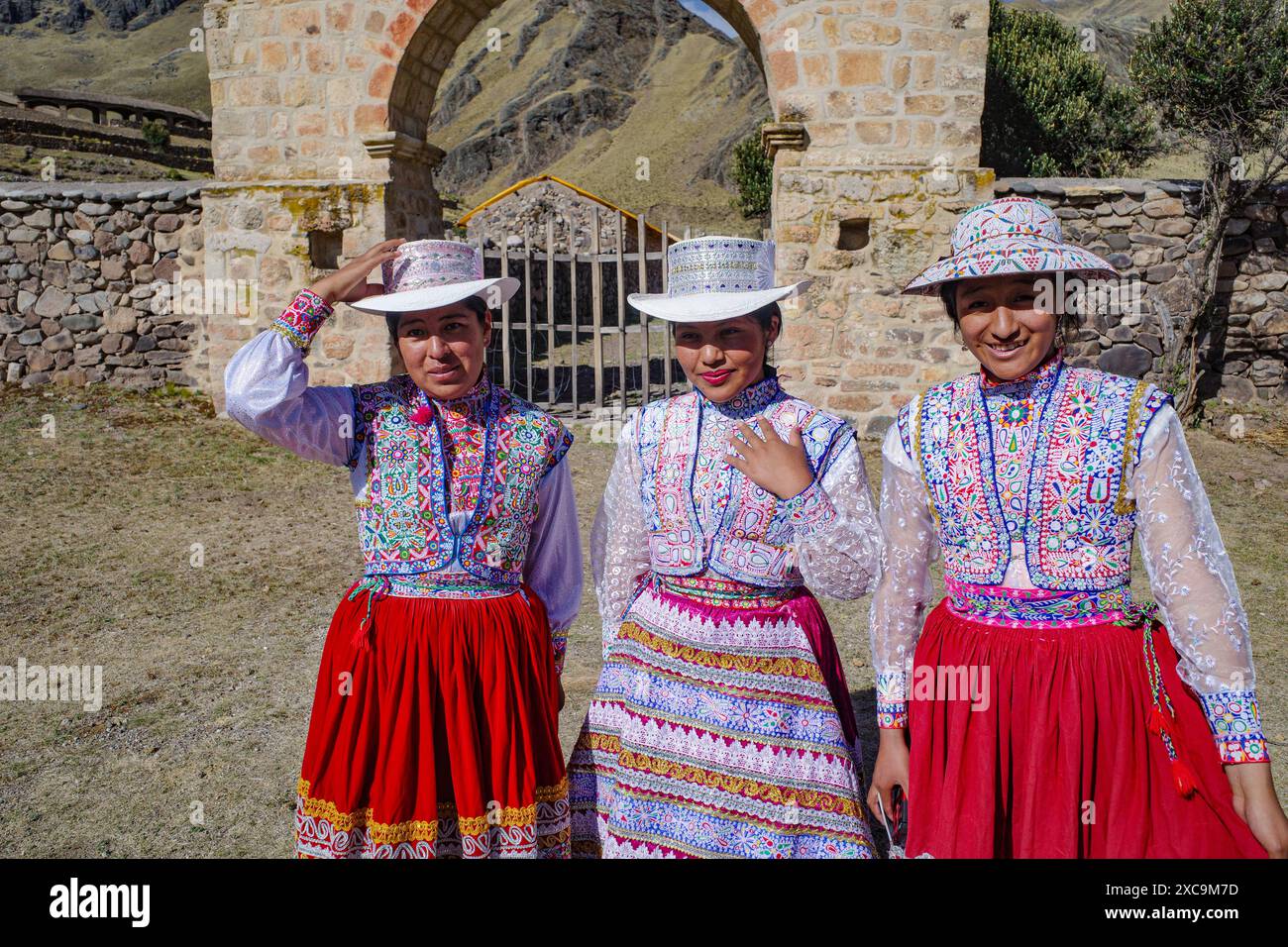 Sibayo, Peru - Dec 5, 2023: Girls in traditional dress in the village ...