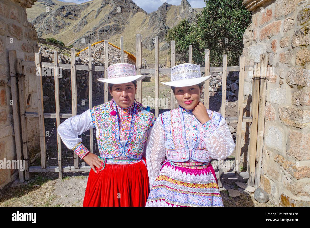 Sibayo, Peru - Dec 5, 2023: Girls in traditional dress in the village ...