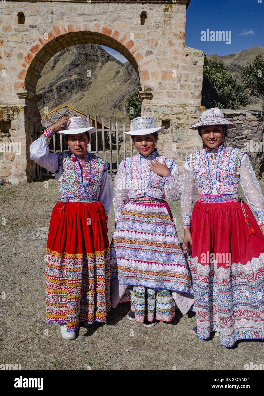 Sibayo, Peru - Dec 5, 2023: Girls in traditional dress in the village ...