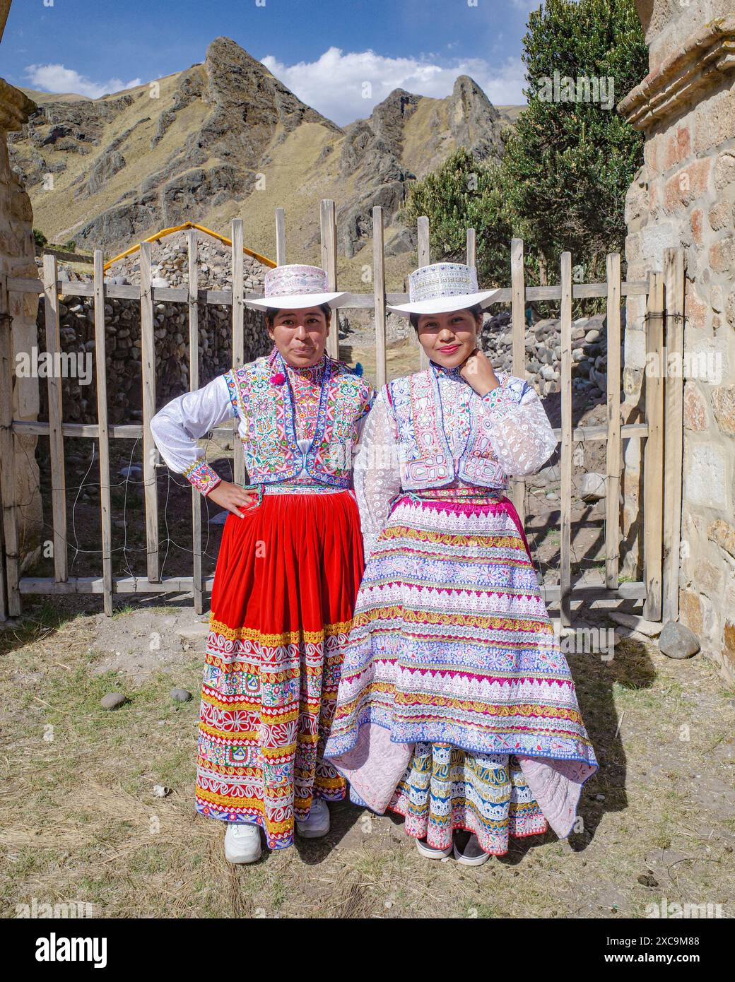 Sibayo, Peru - Dec 5, 2023: Girls in traditional dress in the village ...