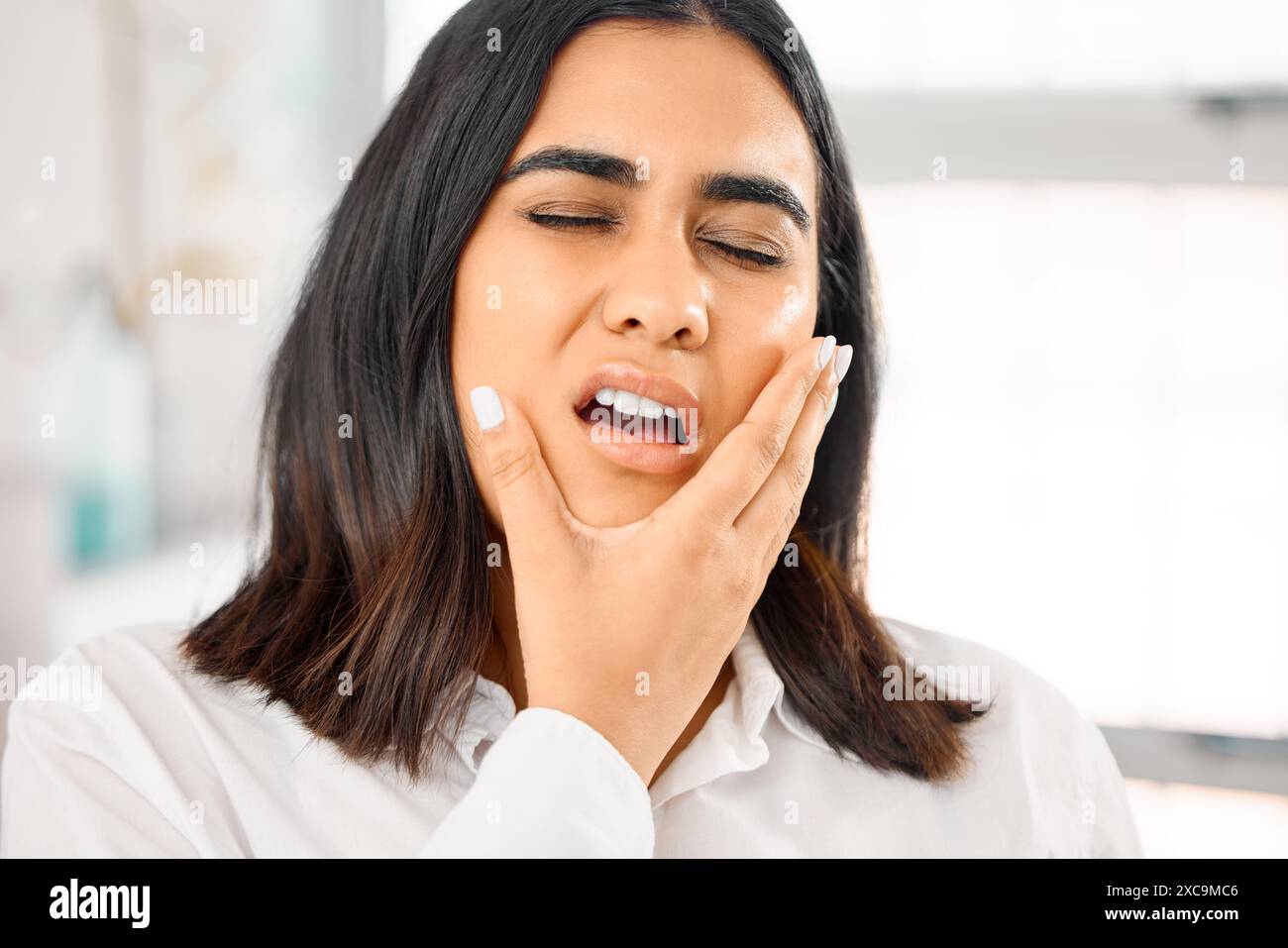 Woman, toothache and mouth pain in home for cavity, tooth infection or ...