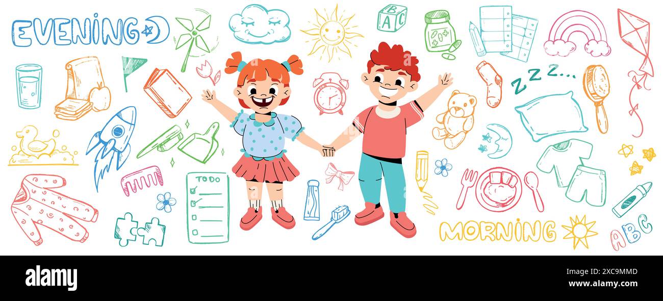 Daily routine sketch icon with funny kids in doodle style. Cartoon boy ...