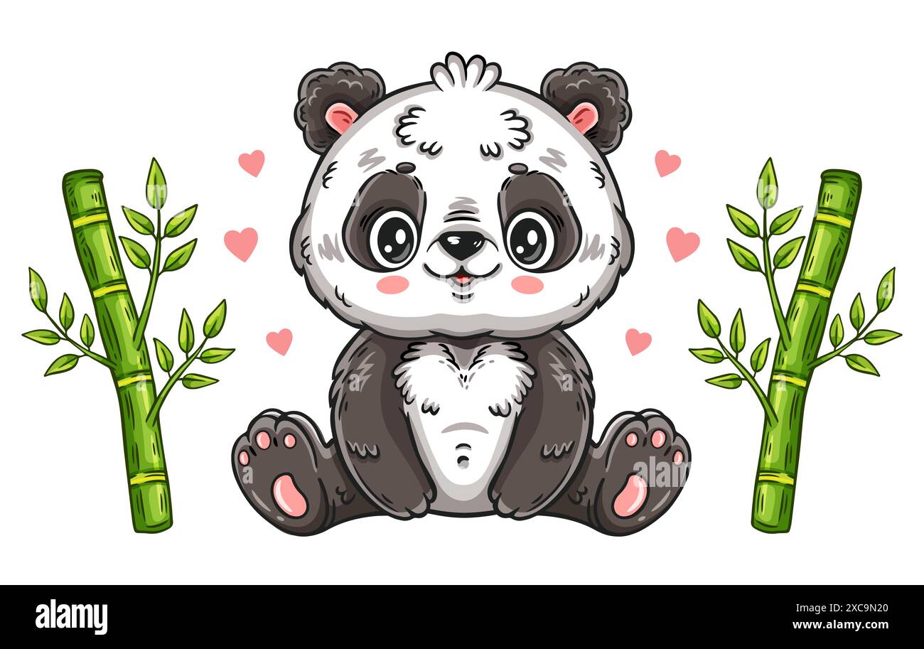 Cute baby panda Chinese bear sitting with bamboo plant branch. Funny ...