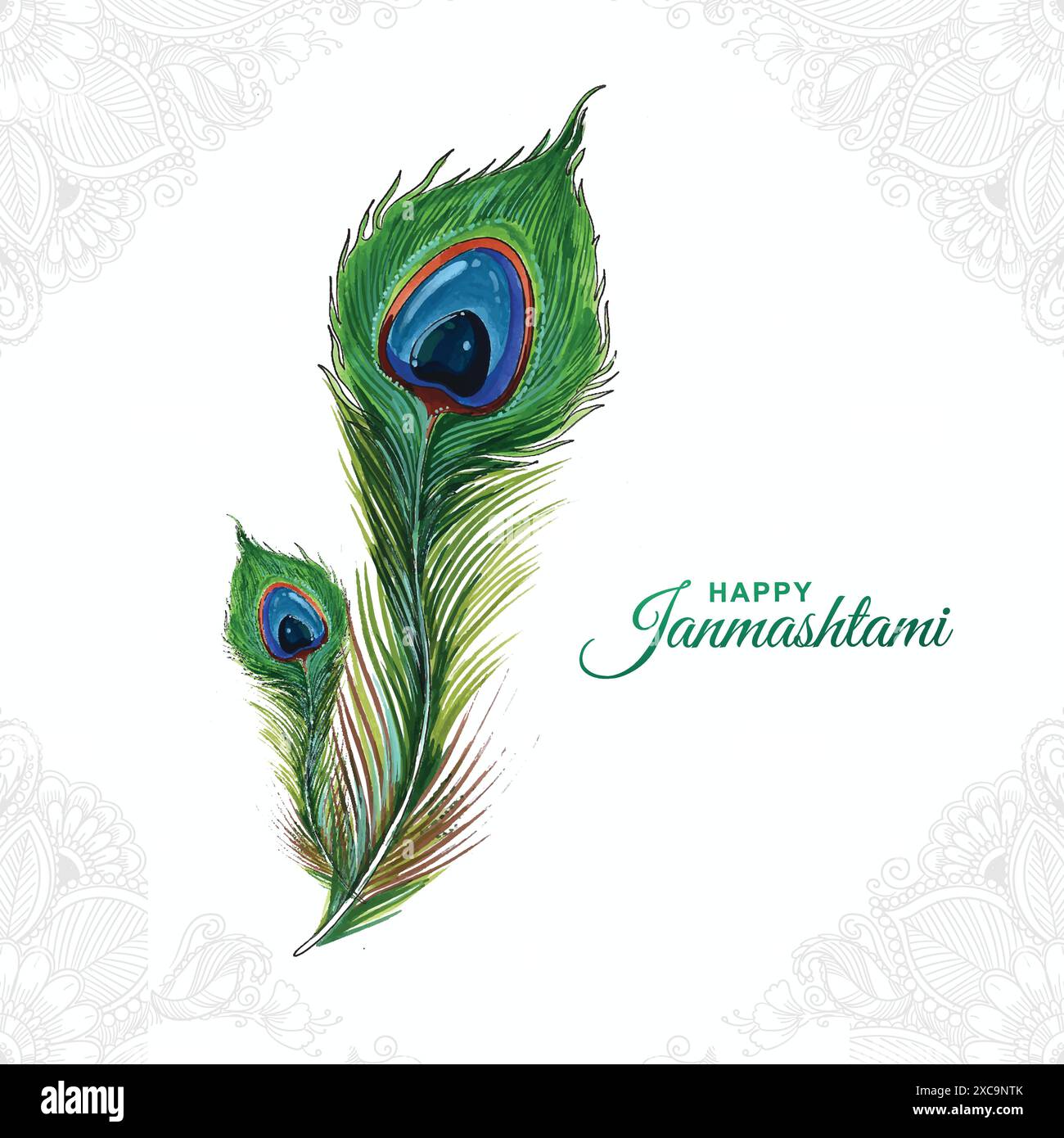Realistic peacock feather watercolor on happy janmashtami card design ...