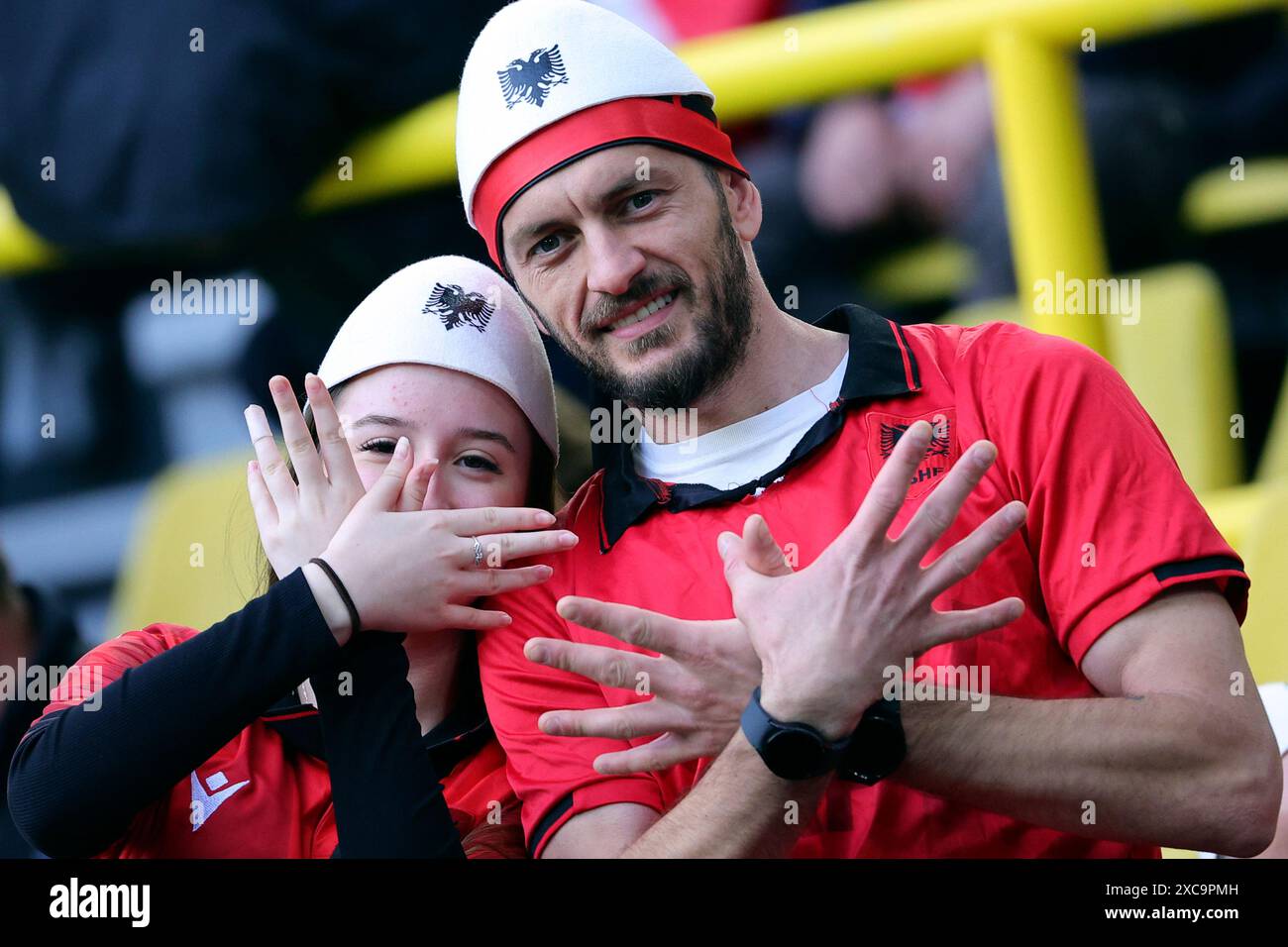 Dortmund, Germany. 15th June, 2024. Albania fans gesture prior to the ...