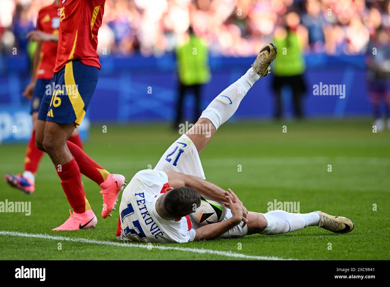 Berlin, Germany. 15th June 2024. Bruno Petkovic of Croatia is fouled by ...