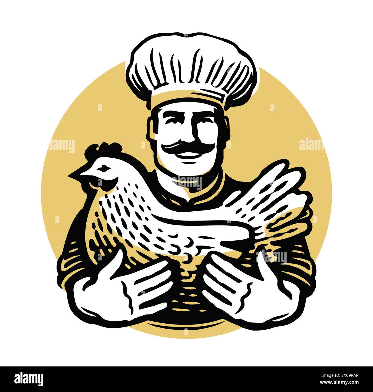 Happy chef in hat holding live chicken. Cooking emblem or logo. Vector ...