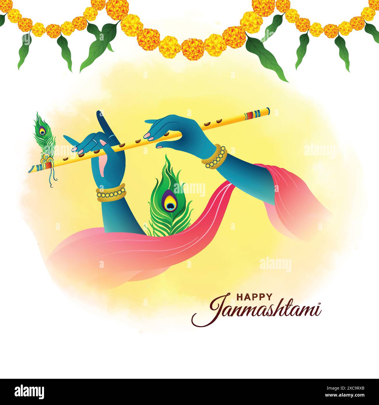 Beautiful happy janmashtami with lord Krishna hand playing bansuri card ...