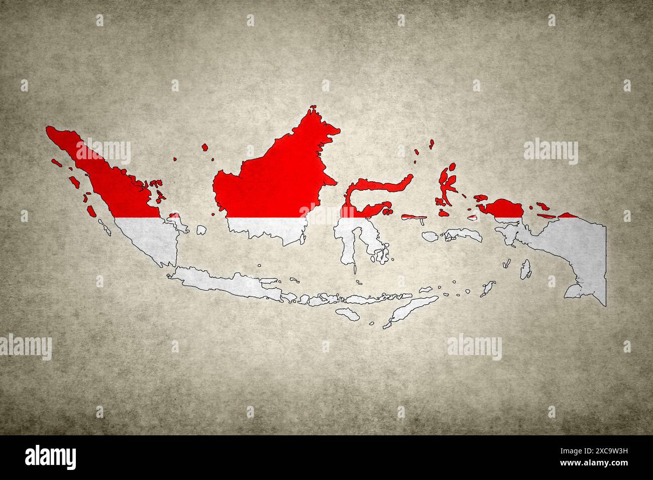 Grunge map of Indonesia with its flag printed within its border on an ...