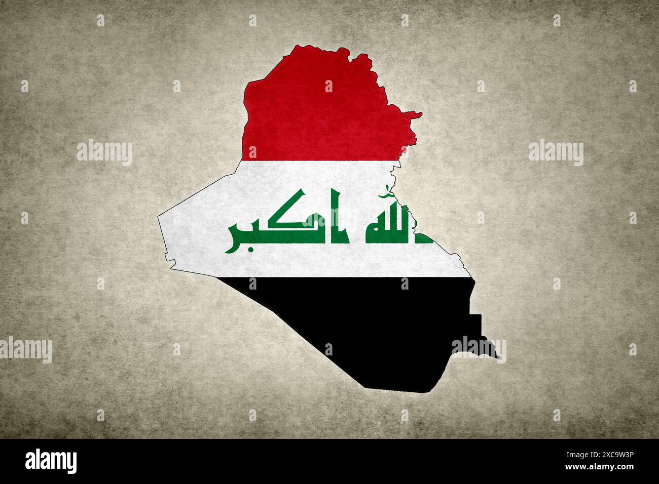 Grunge map of Iraq with its flag printed within its border on an old ...