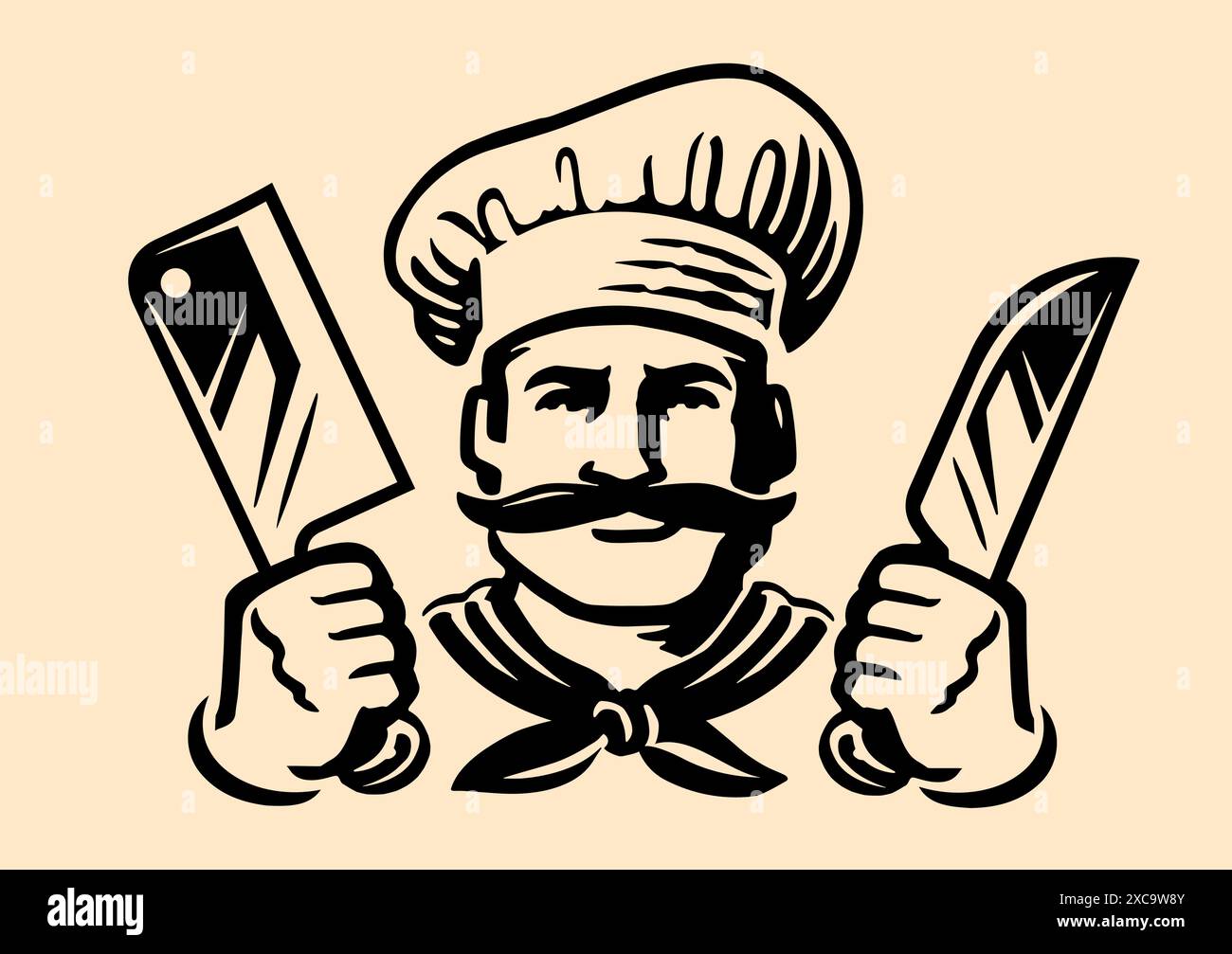 Butcher shop emblem. Chef with knives. Male cook in hat logo vector ...