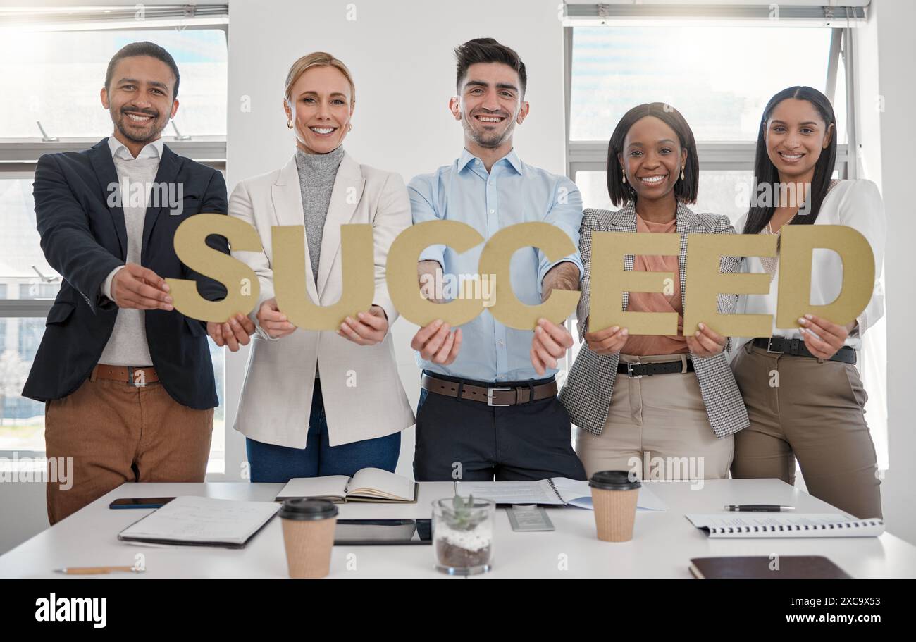 Portrait, smile and group of business people with letters for ...
