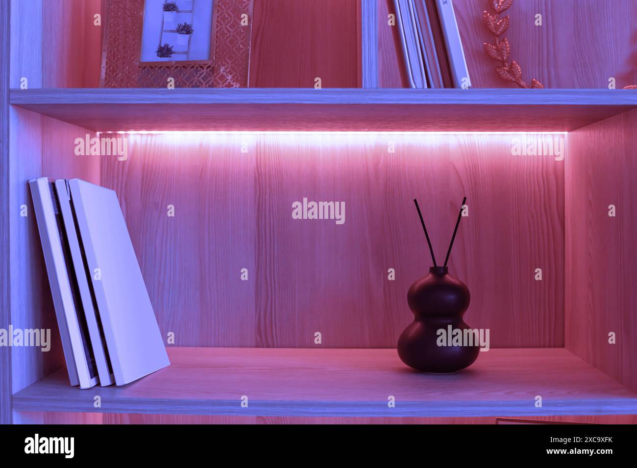 On a shelf with pink neon lighting there is a small black ceramic vase ...