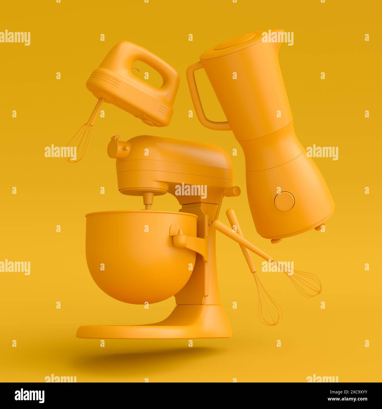 Electric kitchen appliances and utensils for making culinary on yellow ...