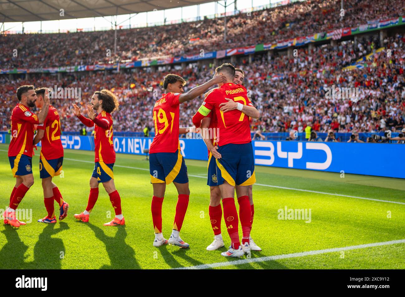 Berlin, Germany. 15th June, 2024. Alvaro Morata (9) of Spain scores for ...
