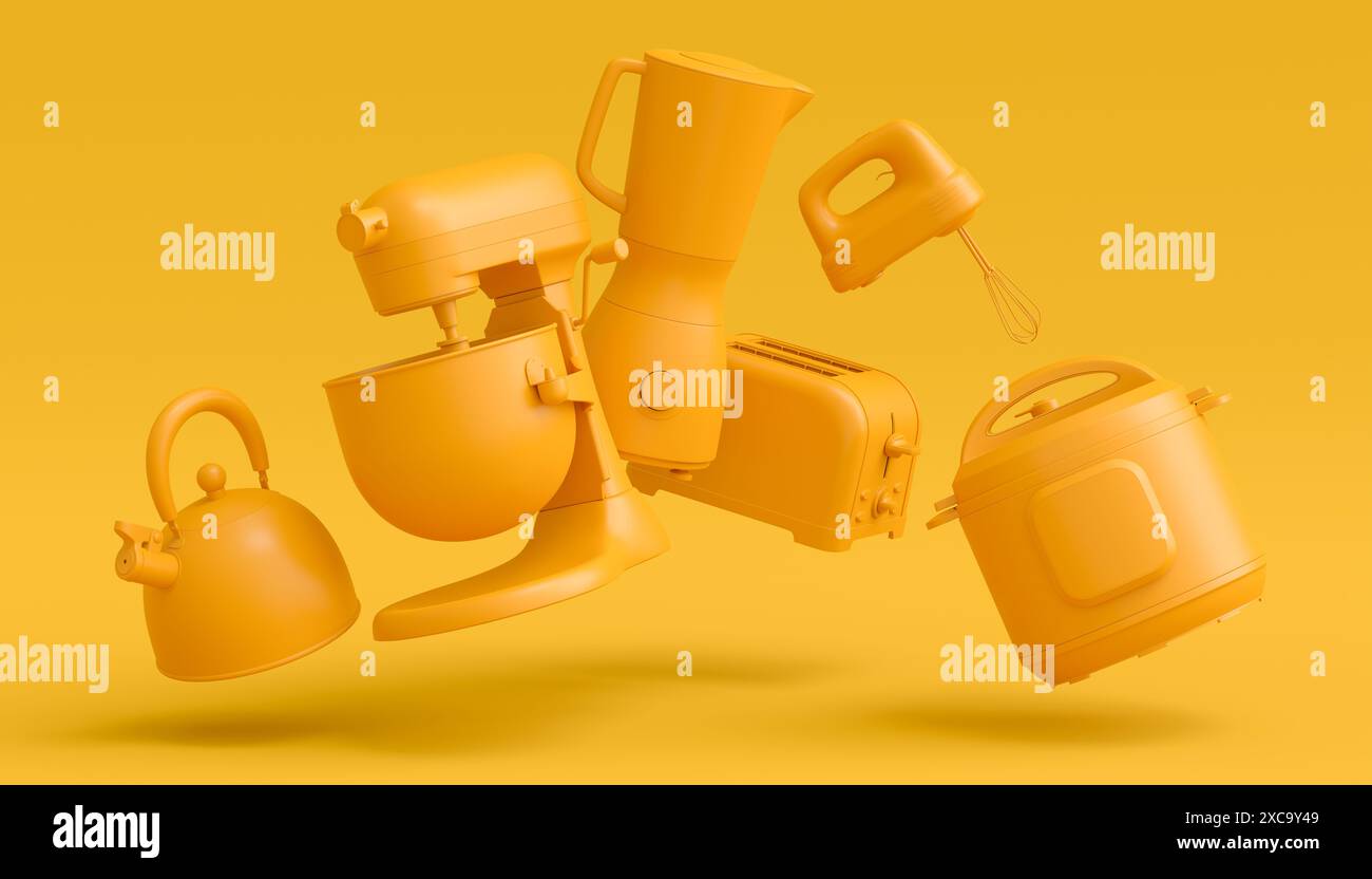 Electric kitchen appliances and utensils for making culinary on yellow ...