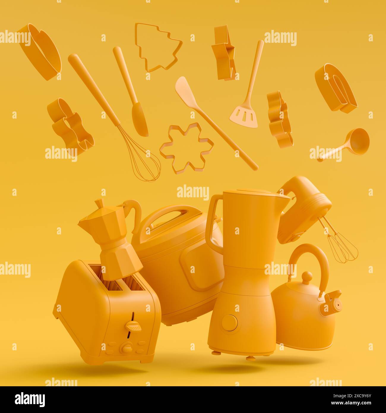 Electric kitchen appliances and utensils for making culinary on yellow ...