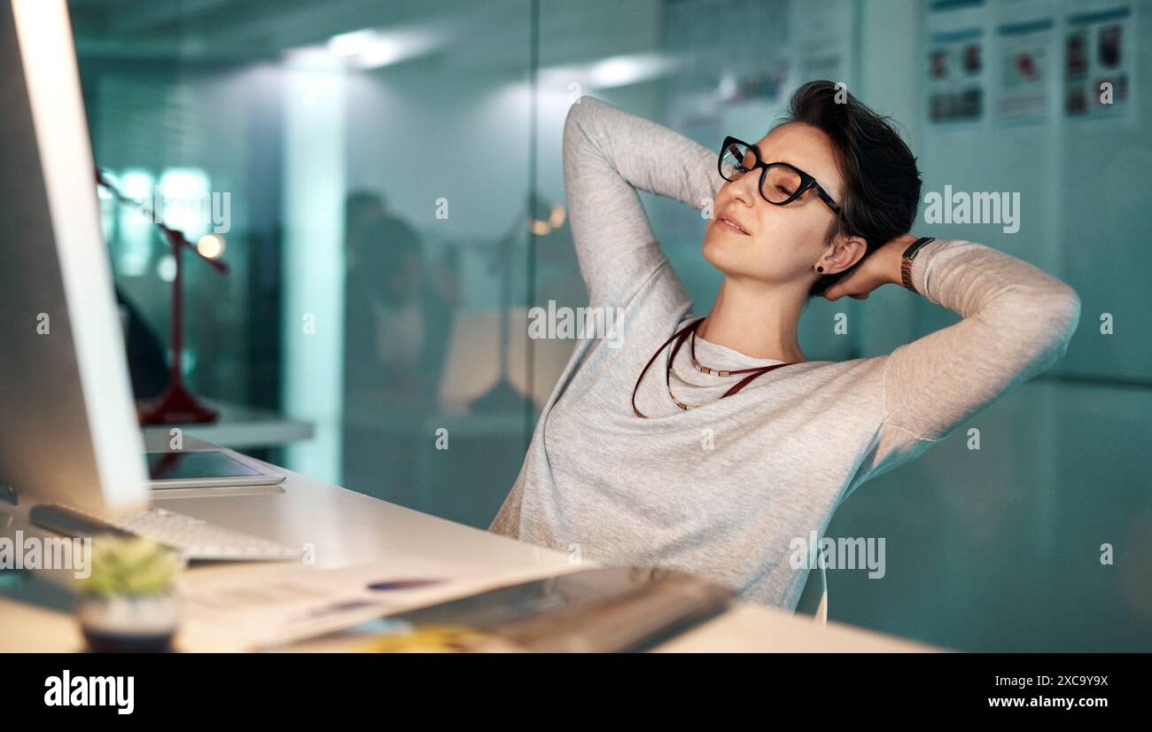 Business woman, computer and finished with work deadline, project and ...