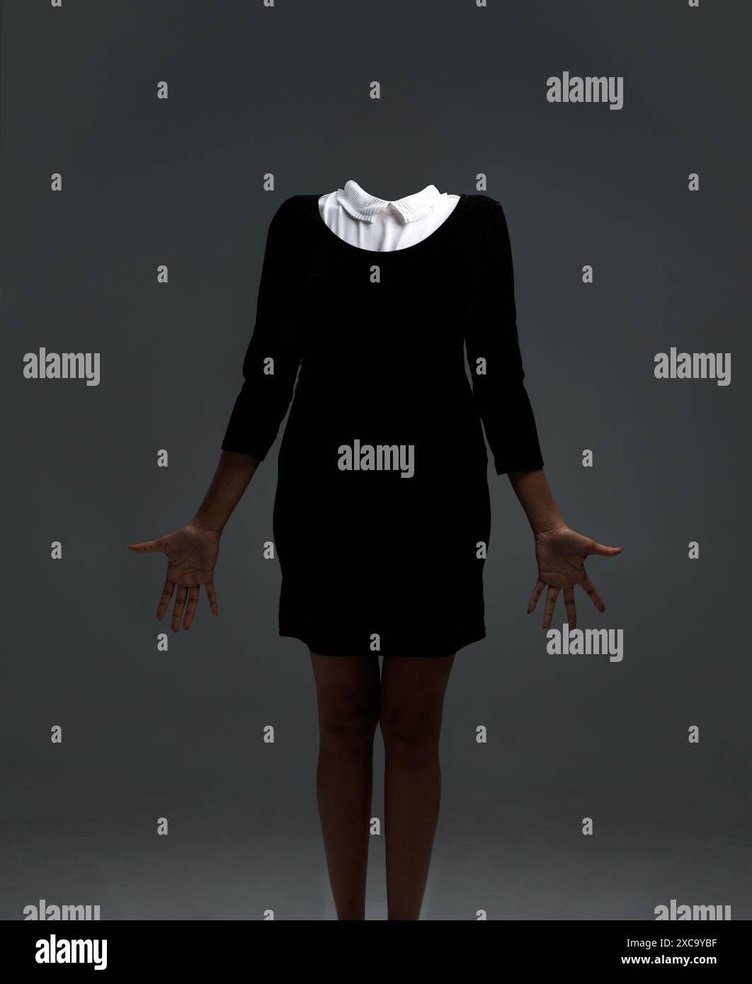 Art, identity and headless person in surreal studio with creative ...