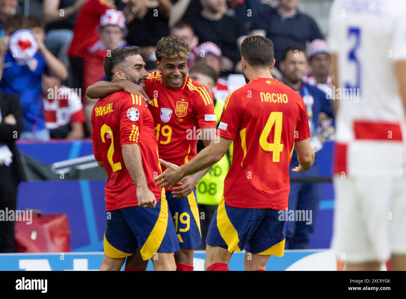 Players of Spain celebrate after goal scored by Dani Carvajal during ...
