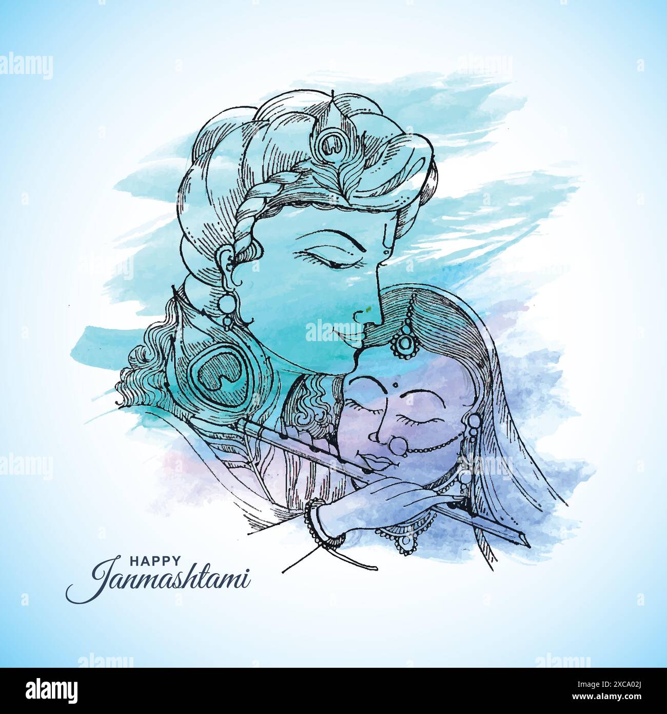 Hand draw sketch lord krishna in happy janmashtami festival card ...