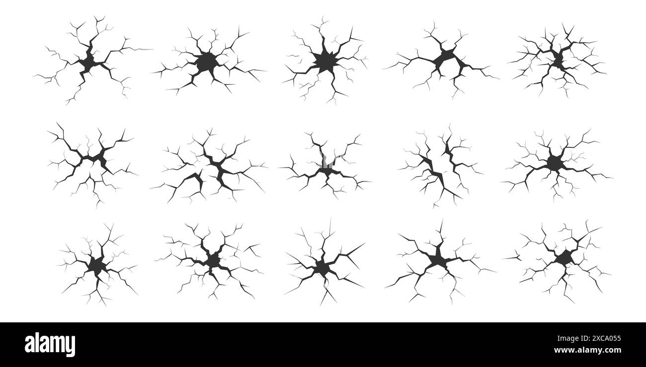 Set of cracks. Crevice, fissure, collapse, holes on stone ground, black ...