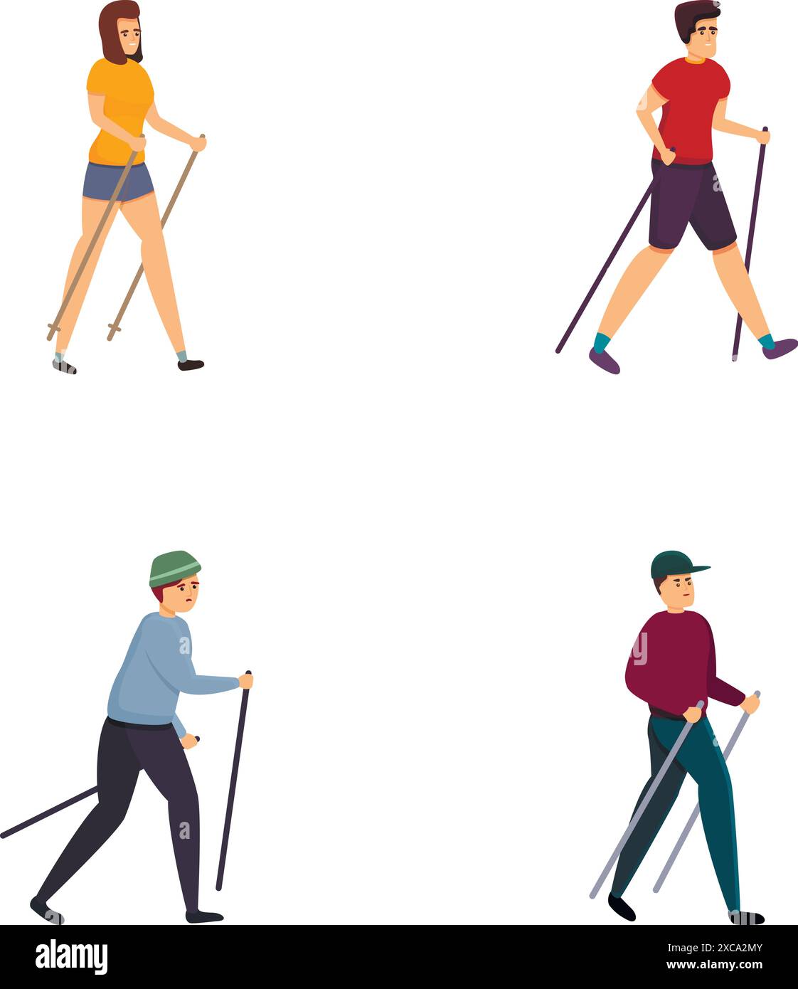 Fitness icons set cartoon vector. People doing nordic walking. Sport ...