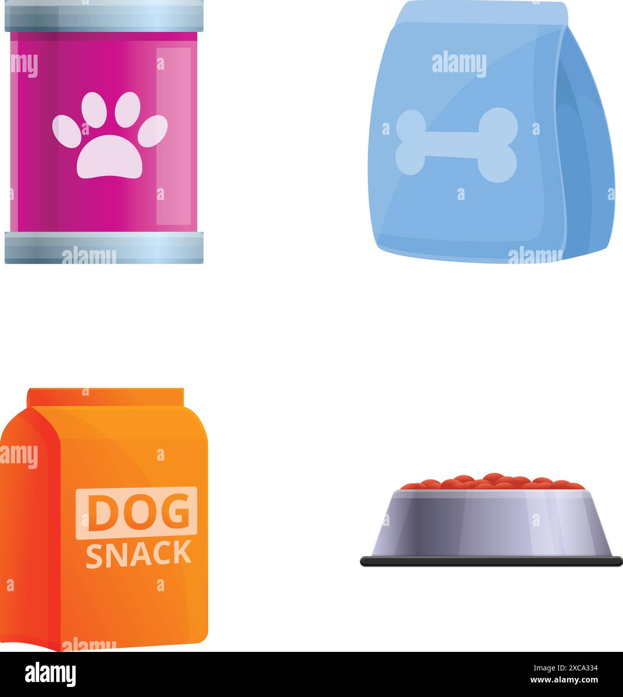 Dog snack icons set cartoon vector. Dog food bowl and feed packaging ...