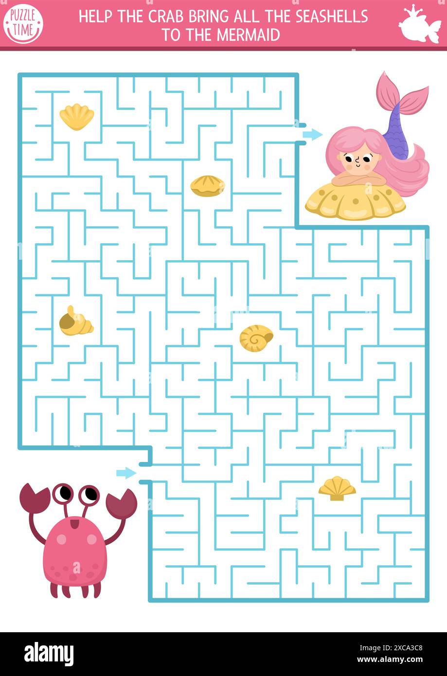 Mermaid maze for kids with crab with seashells. Marine preschool ...