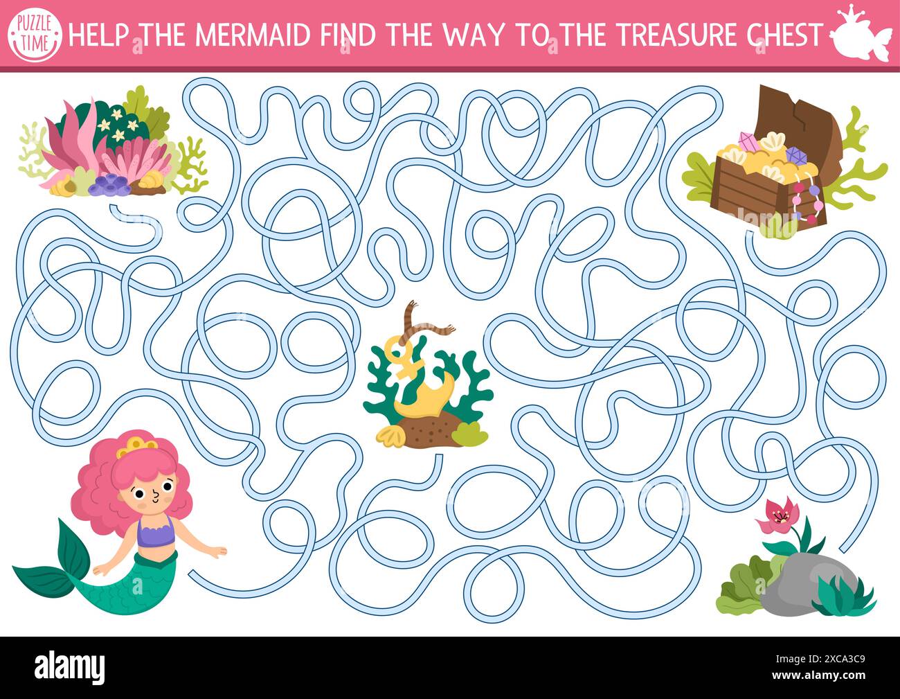 Mermaid maze for kids with treasure chest, seaweeds, anchor. Marine ...