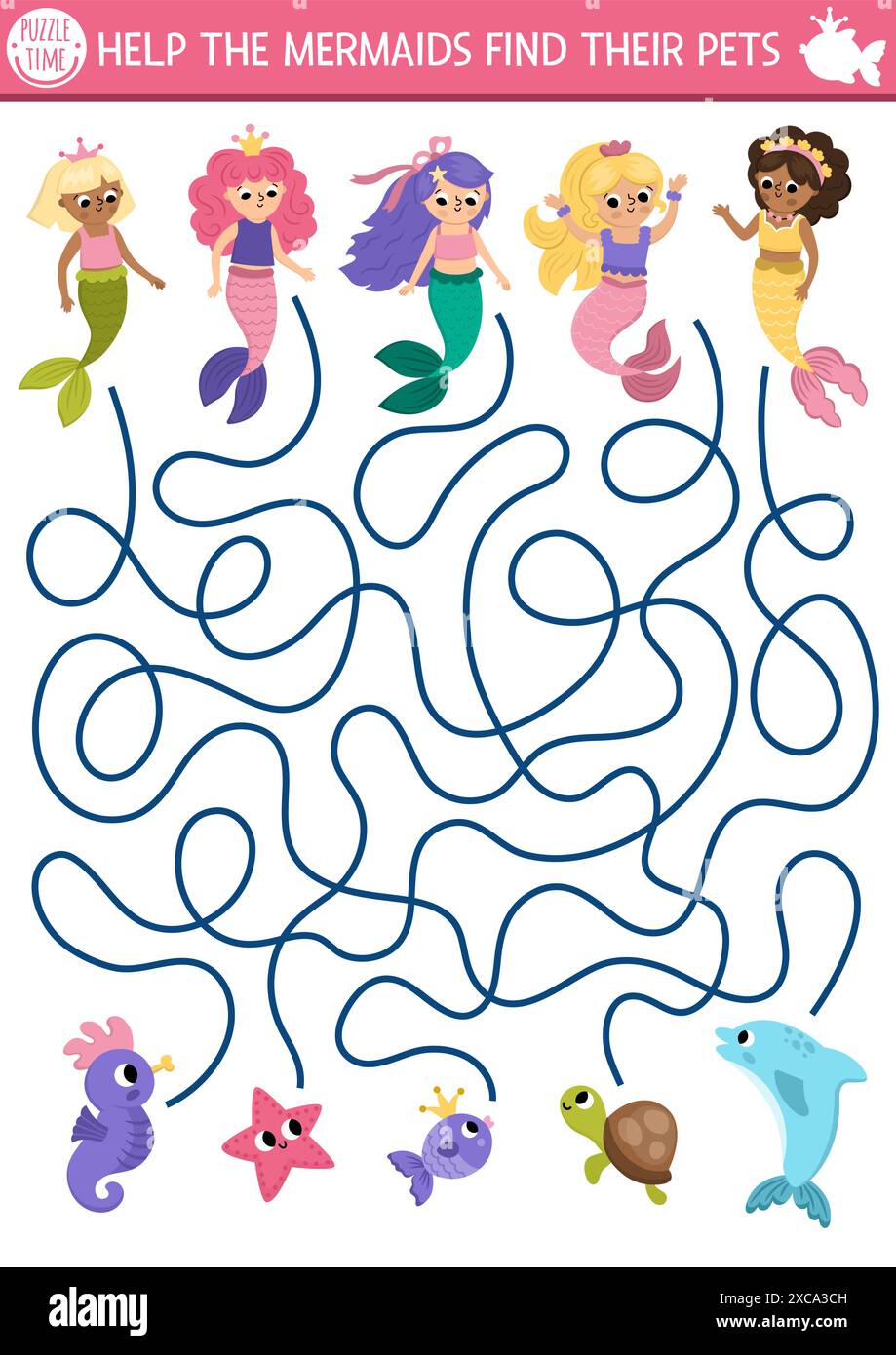 Mermaid maze for kids with their pet animals. Marine preschool ...
