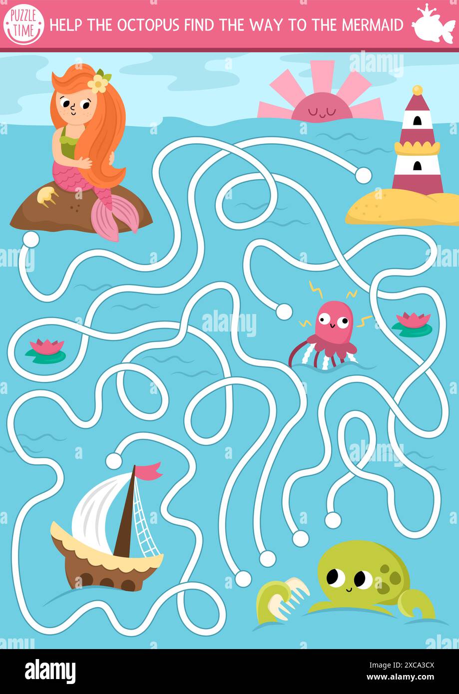 Mermaid maze for kids with lagoon landscape. Marine preschool printable ...