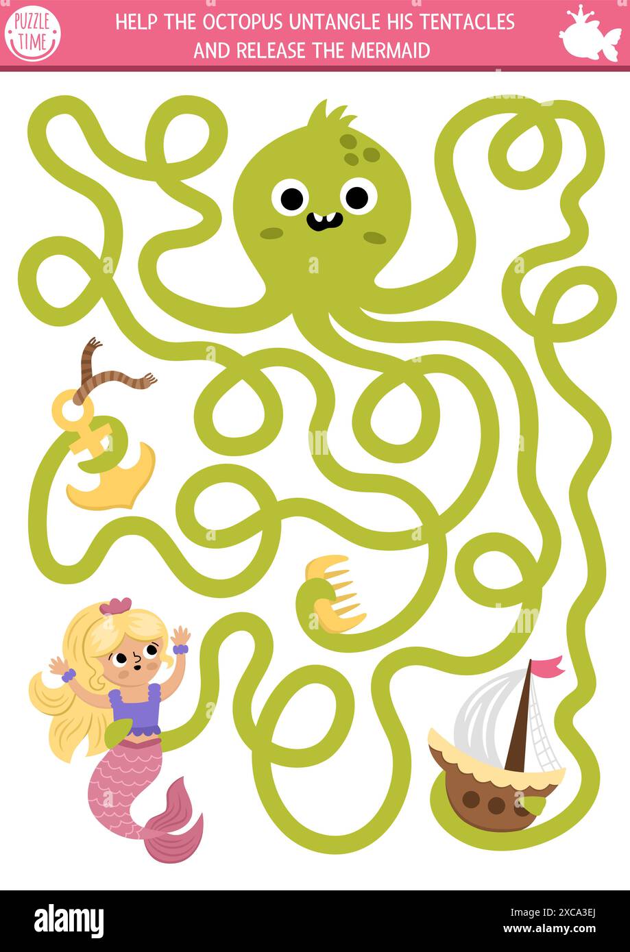 Mermaid maze for kids shaped as octopus tentacles with anchor, ship ...
