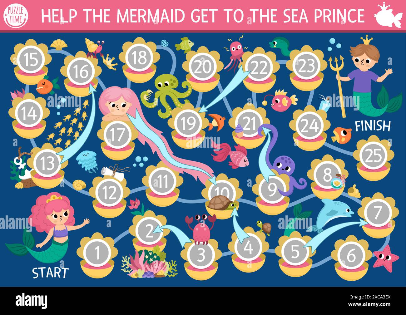 Mermaid dice board game for children with cute sea princess, prince ...