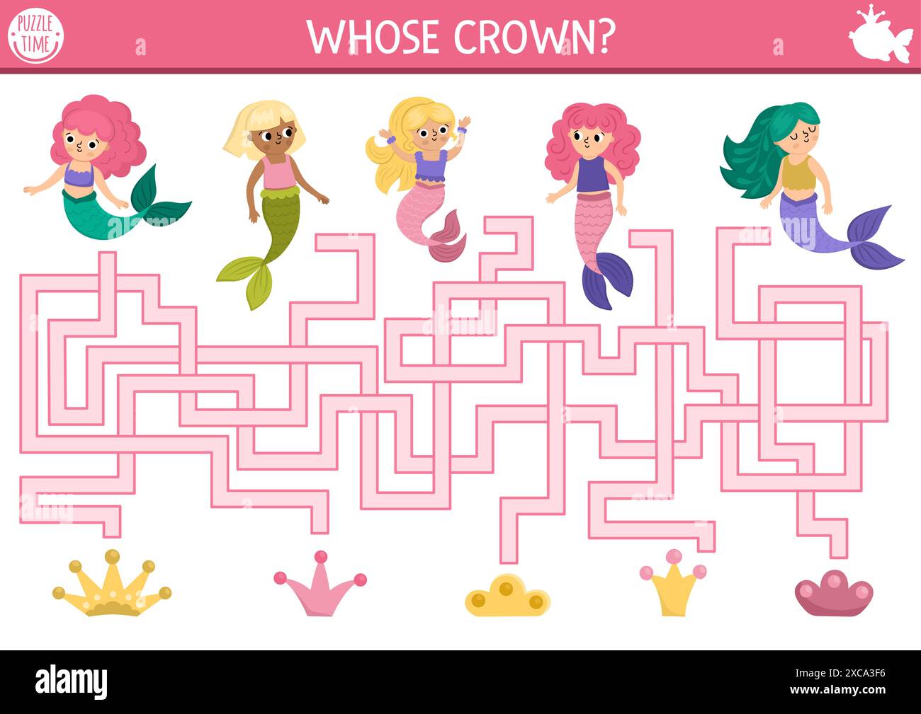 Mermaid maze for kids with crowns. Marine preschool printable activity ...