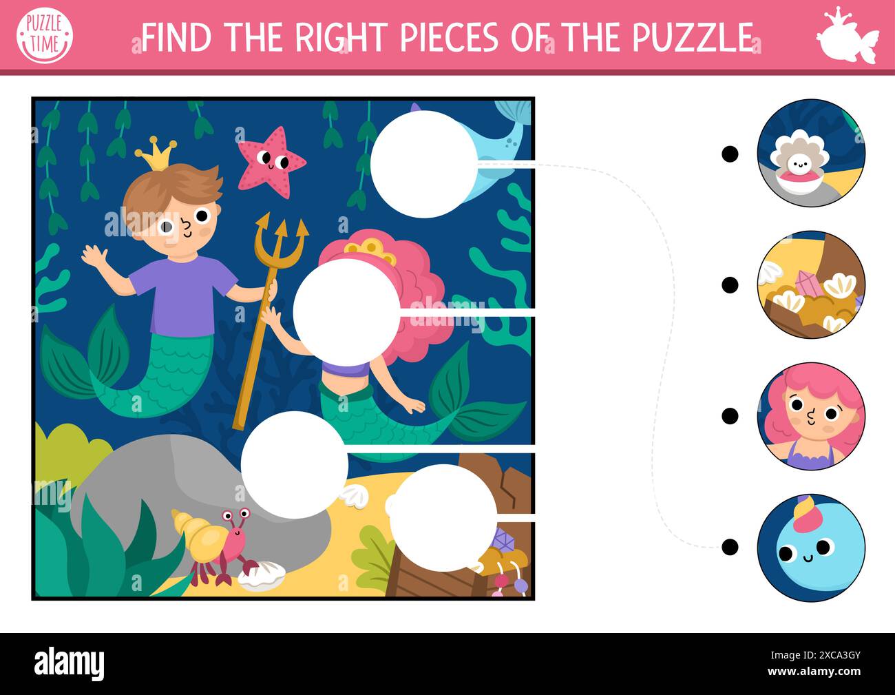 Mermaid matching activity with marine scene, sea prince, princess ...