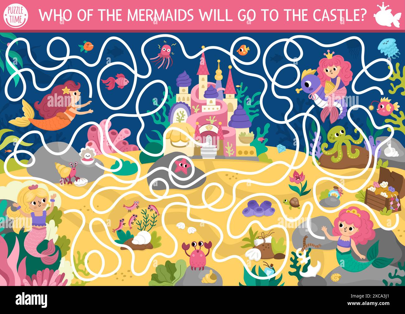 Mermaid maze for kids with sea bed landscape, princess, castle. Marine ...