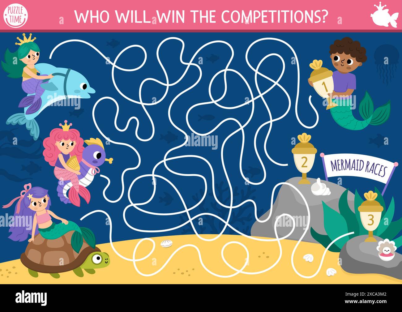 Mermaid races maze for kids with sea princesses riding animals. Marine ...