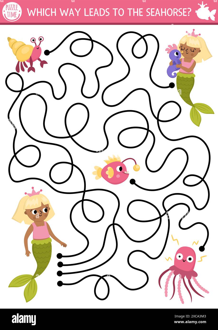 Mermaid maze for kids with seahorse, crab, fish, jellyfish. Marine ...
