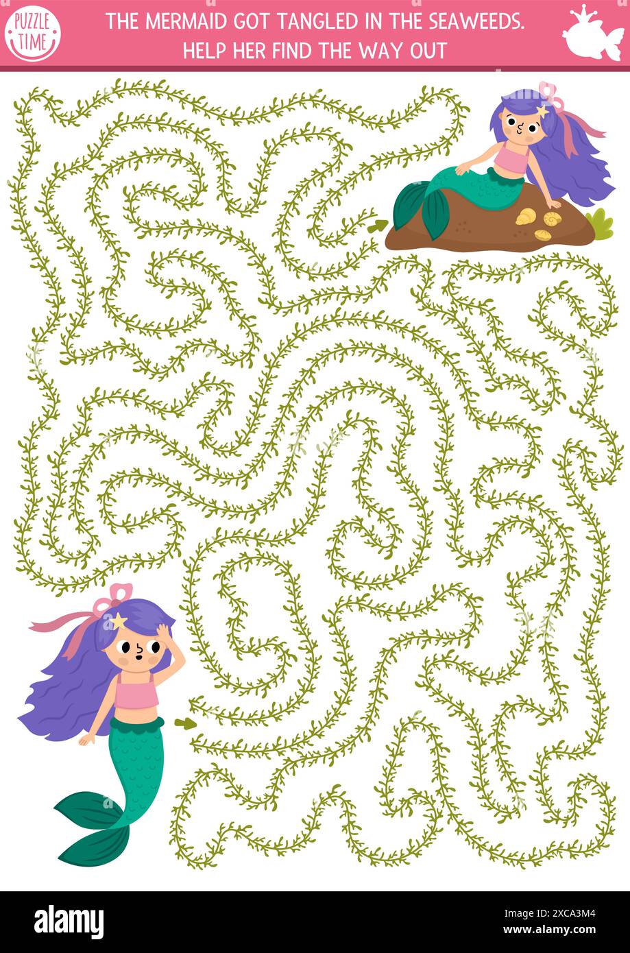 Mermaid maze for kids shaped as seaweeds. Marine preschool printable ...