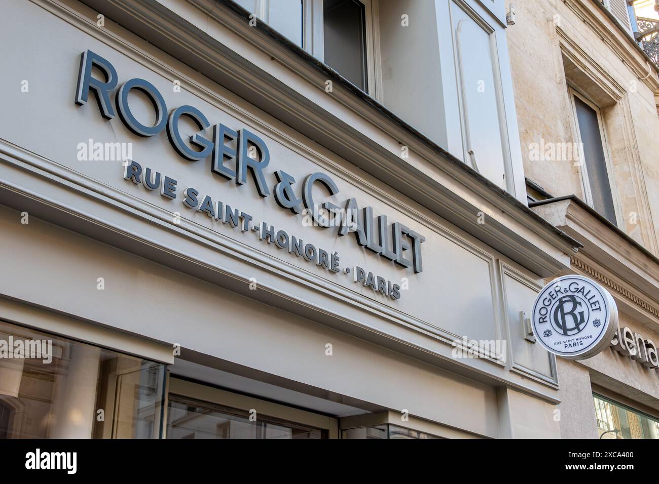 Sign and logo of the Roger et Gallet boutique in Paris, France. Roger ...
