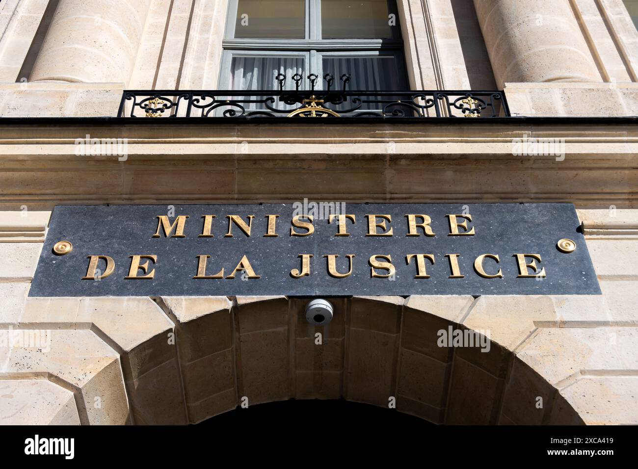Sign on the French Ministry of Justice building, also called ...