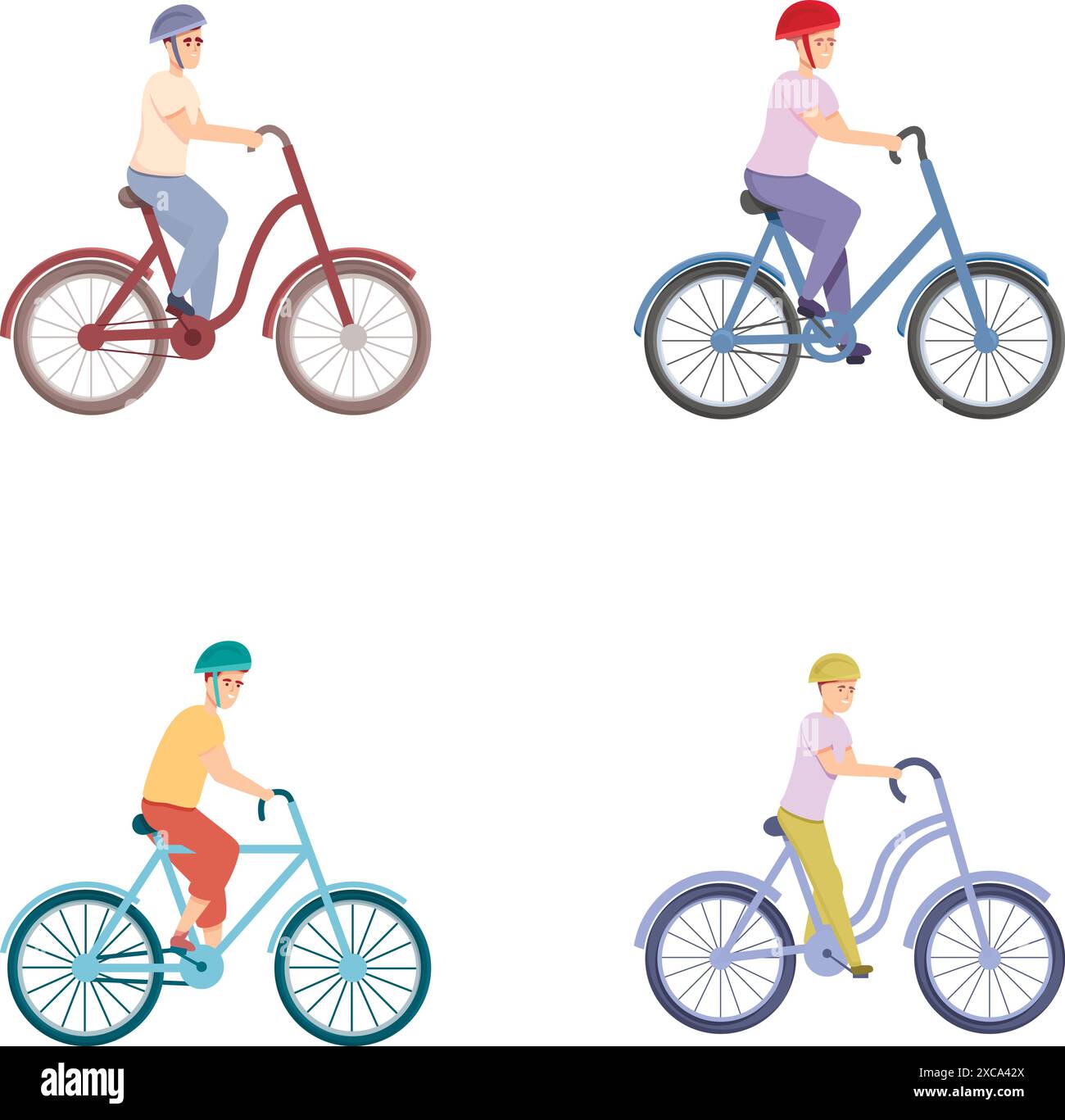Bicycle sport icons set cartoon vector. People taking bicycle ride ...
