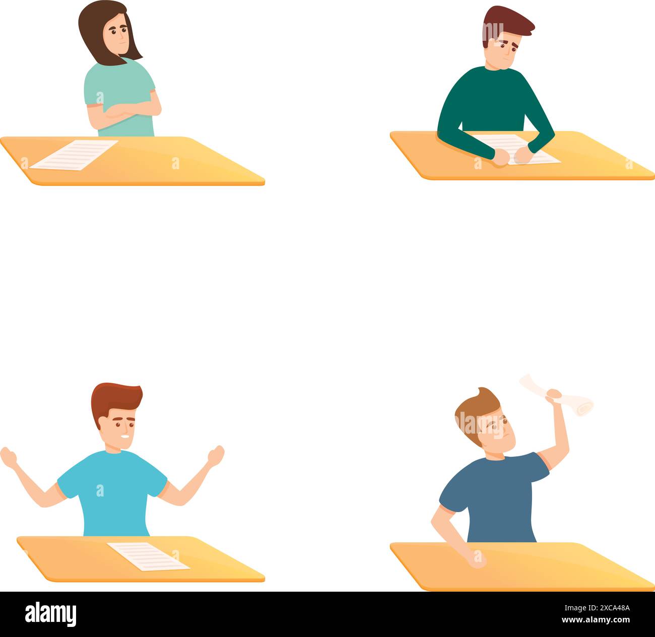 Passing exam icons set cartoon vector. Young people taking exam ...