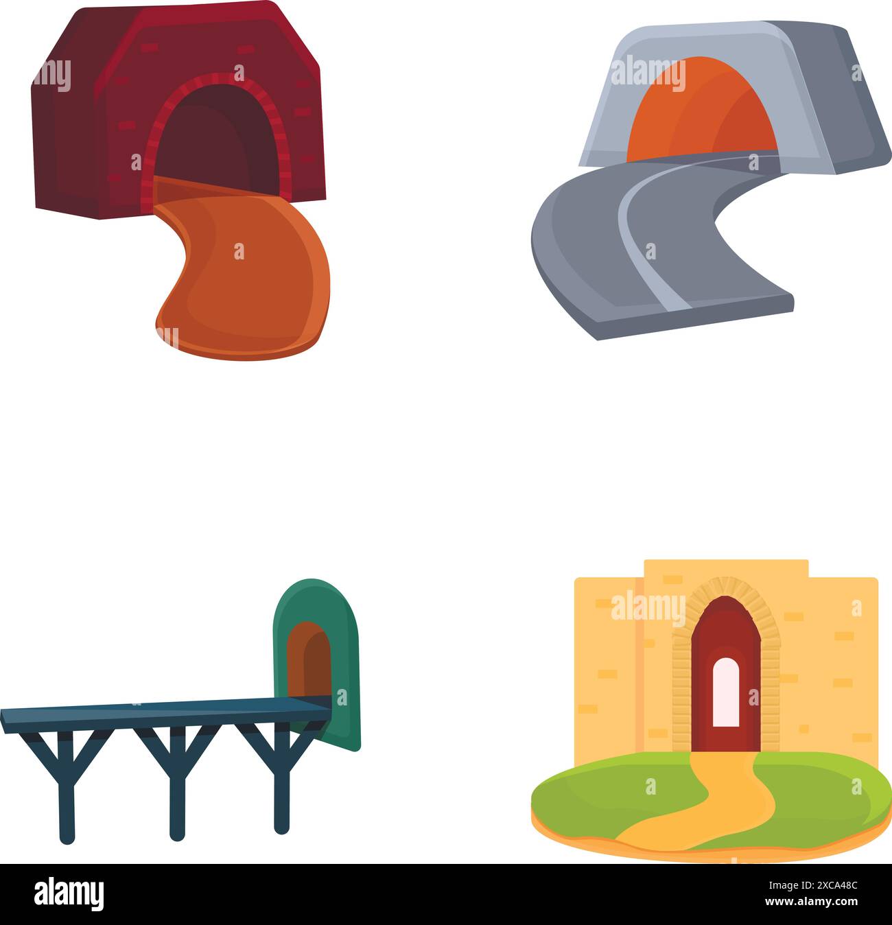 Tunnel entrance icons set cartoon vector. Interior of walkway tunnel ...