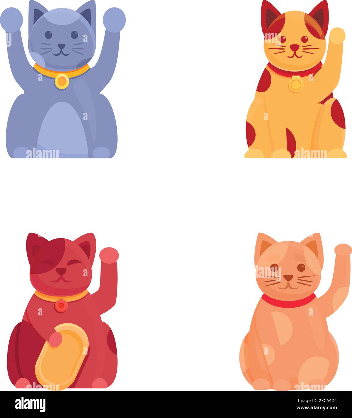 Japenese cat icons set cartoon vector. Various cat maneki neko with raised paw. Asian figurine ...
