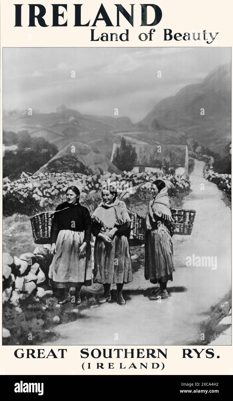 "Ireland, Land of Beauty", three Women with turf baskets on a country ...