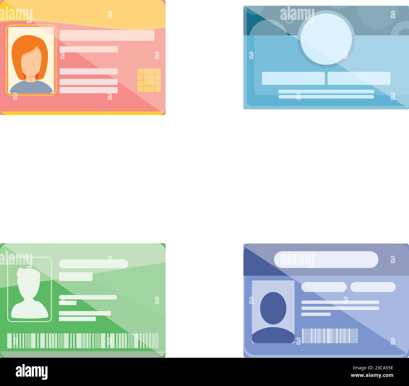 Identity card icons set cartoon vector. Driver license, id card or plastic card. Access control ...